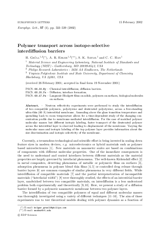 (PDF) Polymer transport across isotope-selective interdiffusion barriers