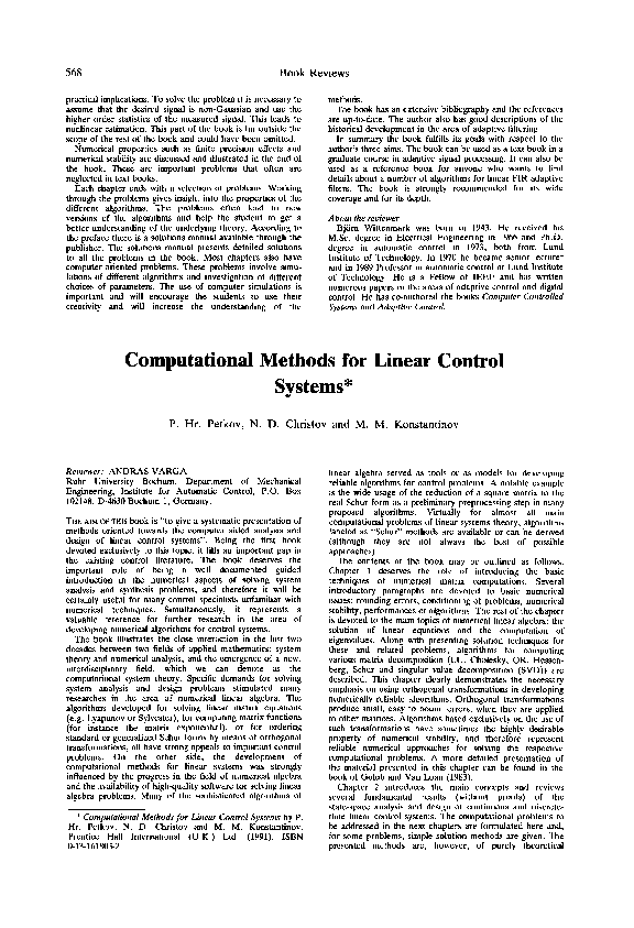 Pdf Computational Methods For Linear Control Systems
