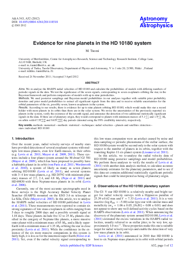 (PDF) Evidence for nine planets in the HD 10180 system