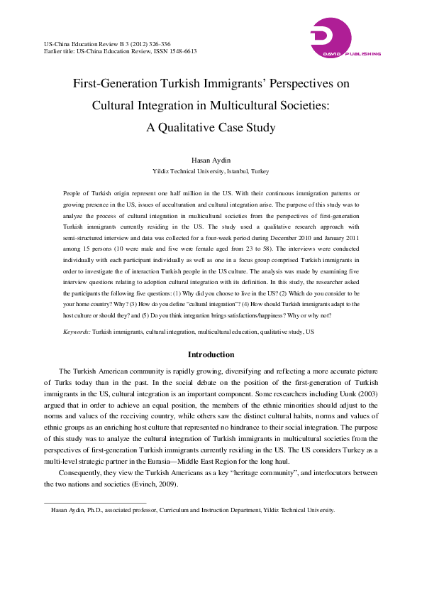 (PDF) First-Generation Turkish Immigrants' Perspectives on Cultural ...