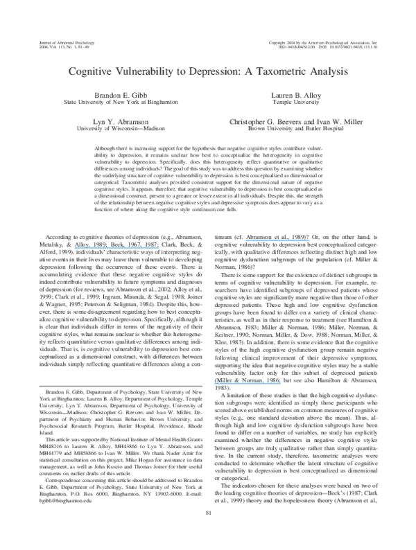 (PDF) Cognitive Vulnerability to Depression: A Taxometric Analysis