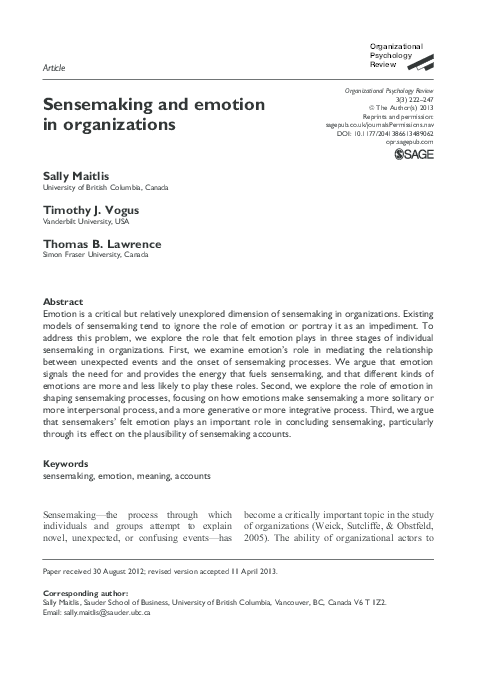 (PDF) Sensemaking and emotion in organizations