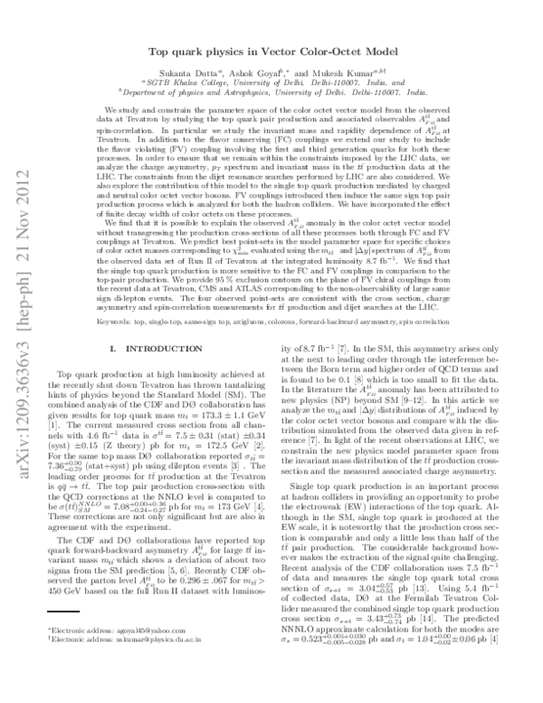 (PDF) Top quark physics in the vector color-octet model