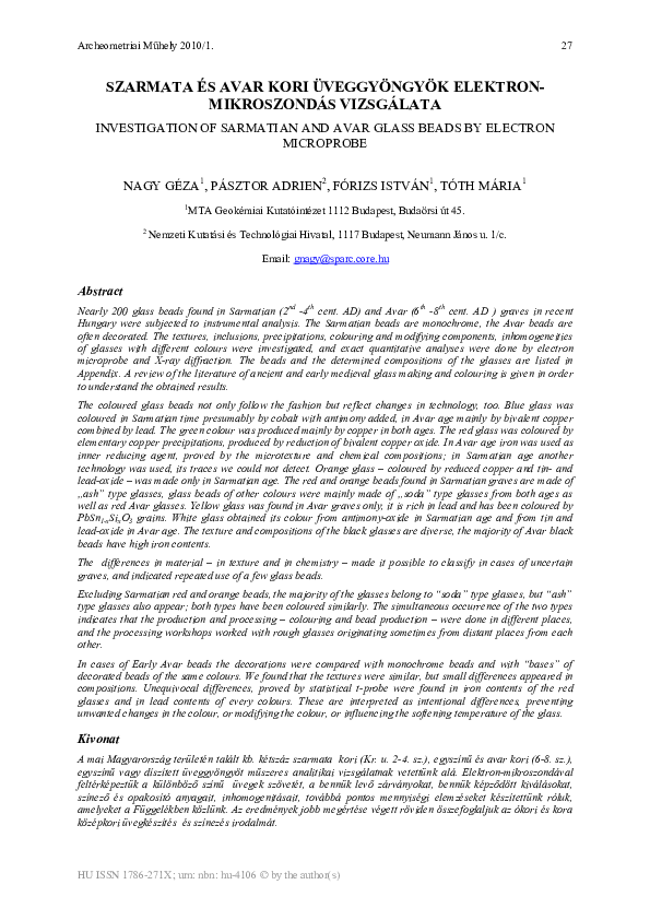 Szarmata és avar kori üveggyöngyök elektronmikroszondás vizsgálata ...