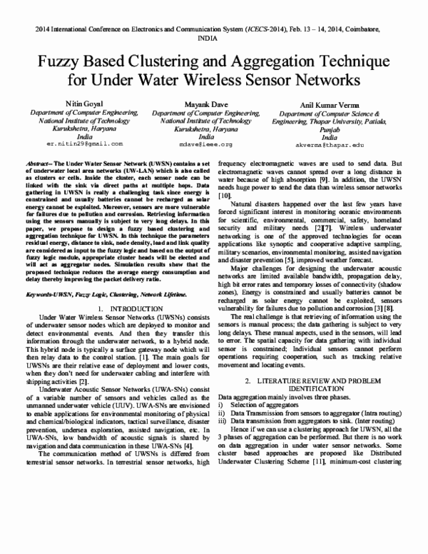 (PDF) Fuzzy Based Clustering and Aggregation Technique for Under Water Wireless Sensor Networks