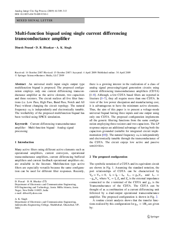 (PDF) Multi-function biquad using single current differencing transconductance amplifier