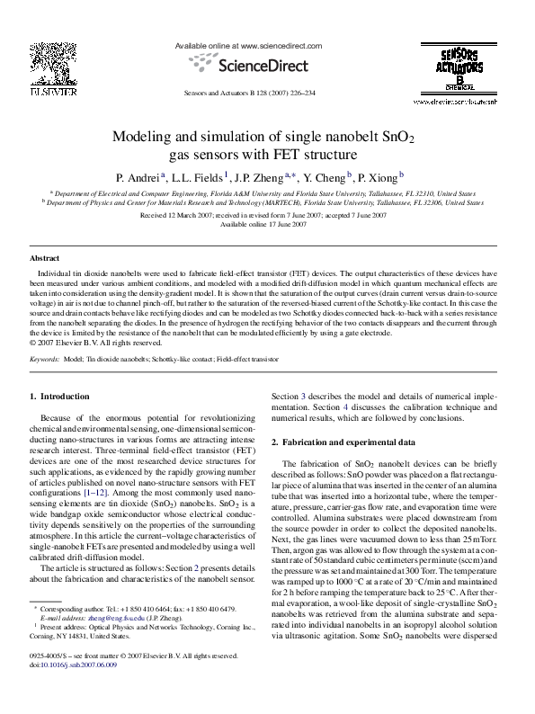 (PDF) Modeling and simulation of single nanobelt SnO2 gas sensors with ...
