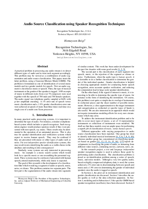 (PDF) Audio Source Classification using Speaker Recognition Techniques