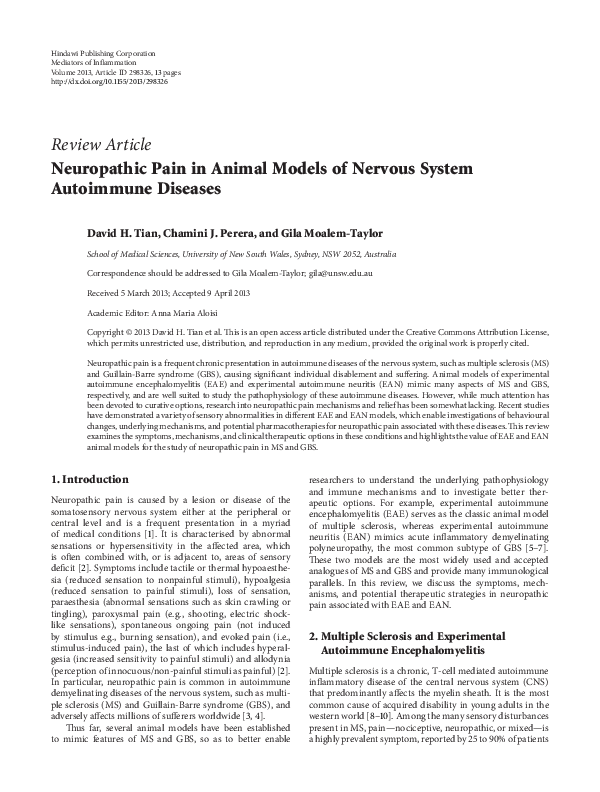 (PDF) Neuropathic Pain in Animal Models of Nervous System Autoimmune ...