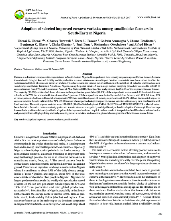 Pdf Adoption Of Selected Improved Cassava Varieties Among Smallholder Farmers In South Eastern
