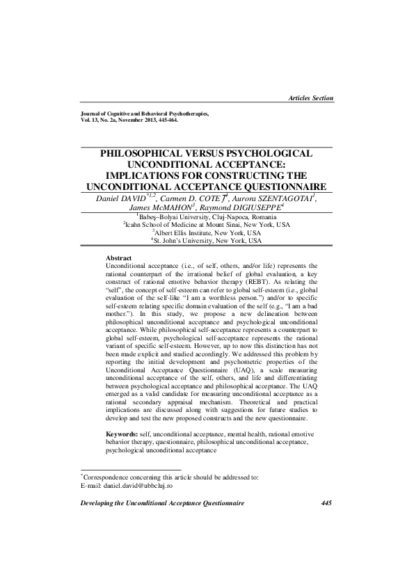 (PDF) PHILOSOPHICAL VERSUS PSYCHOLOGICAL UNCONDITIONAL ACCEPTANCE: IMPLICATIONS FOR CONSTRUCTING ...