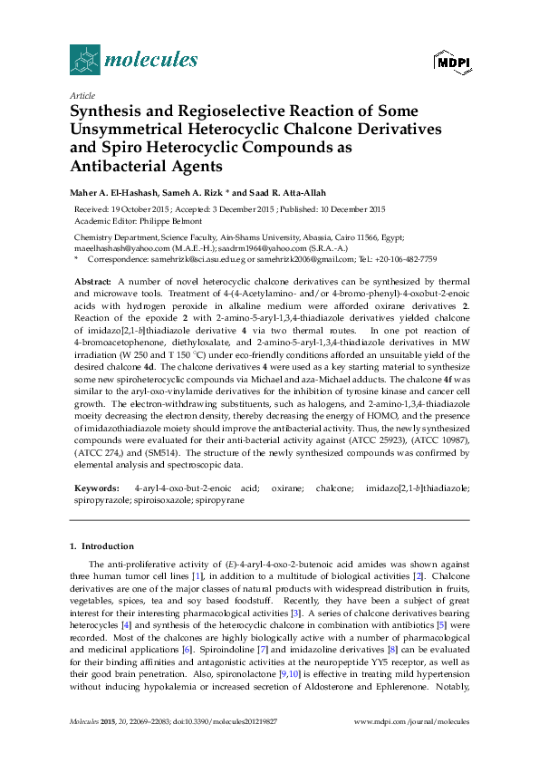 (PDF) Synthesis and Regioselective Reaction of Some Unsymmetrical Heterocyclic Chalcone ...
