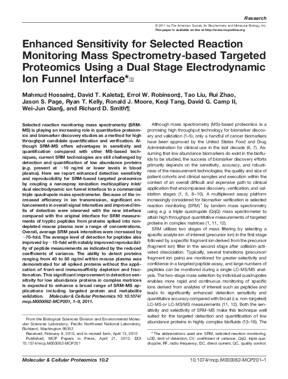 Pdf Enhanced Sensitivity For Selected Reaction Monitoring Mass Spectrometry Based Targeted