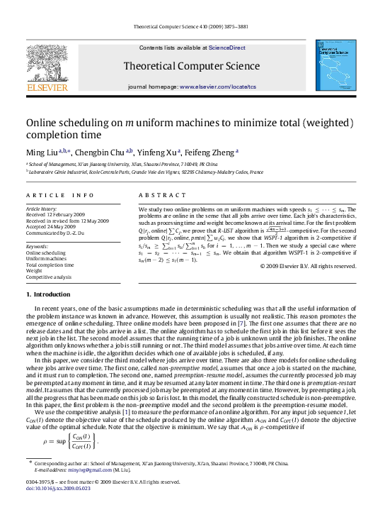 Pdf Online Scheduling On Uniform Machines To Minimize Total Weighted Completion Time