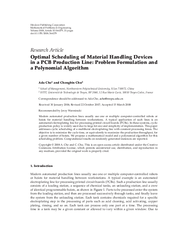 (PDF) Optimal Scheduling of Material Handling Devices in a PCB Production Line: Problem ...