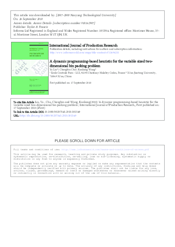 Pdf A Dynamic Programming Based Heuristic For The Variable Sized Two