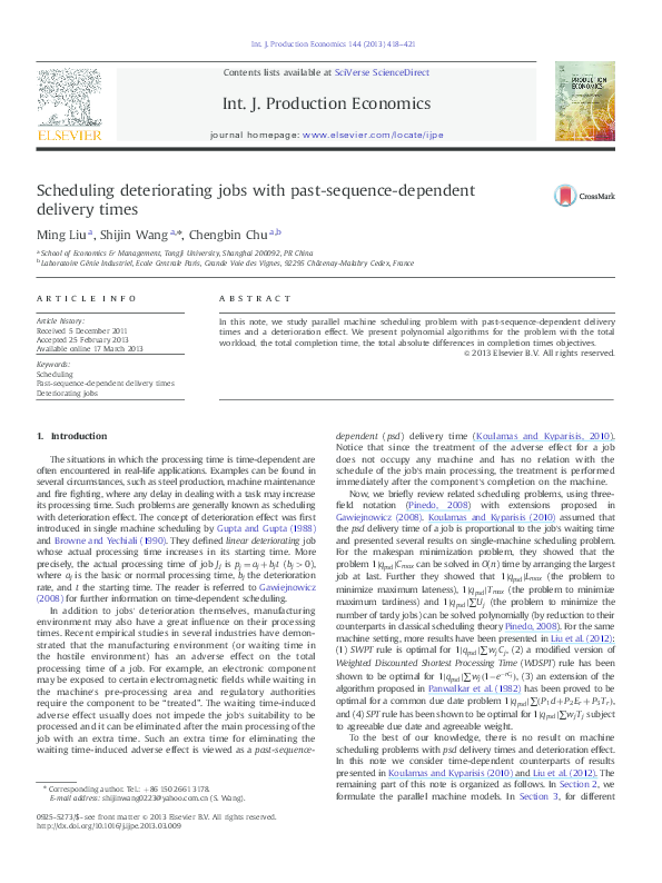 (PDF) Scheduling deteriorating jobs with past-sequence-dependent delivery times