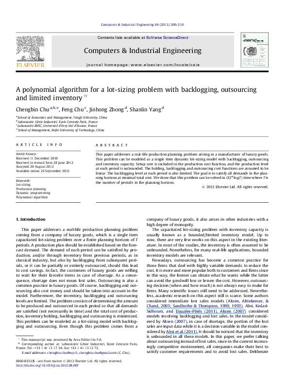 Pdf A Polynomial Algorithm For A Lot Sizing Problem With Backlogging Outsourcing And Limited