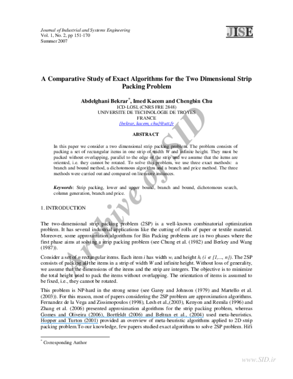 (PDF) A comparative study of exact algorithms for the two dimensional ...