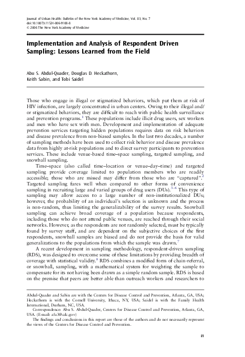 (PDF) Implementation and Analysis of Respondent Driven Sampling: Lessons Learned from the Field