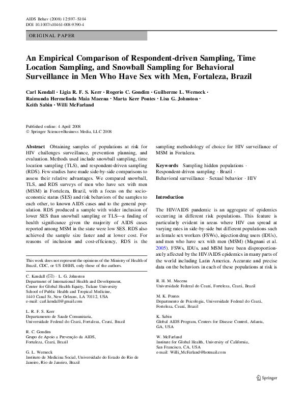 Pdf An Empirical Comparison Of Respondent Driven Sampling Time