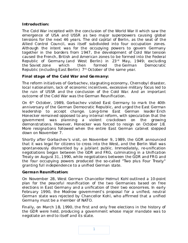 (DOC) The End of Cold War and German Reunification