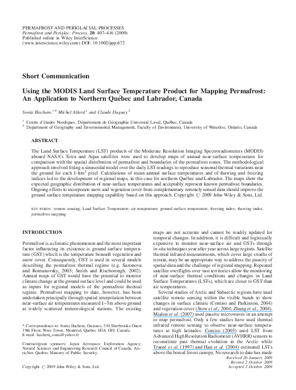 (PDF) Use of the MODIS land surface temperature product for permafrost mapping: an application ...