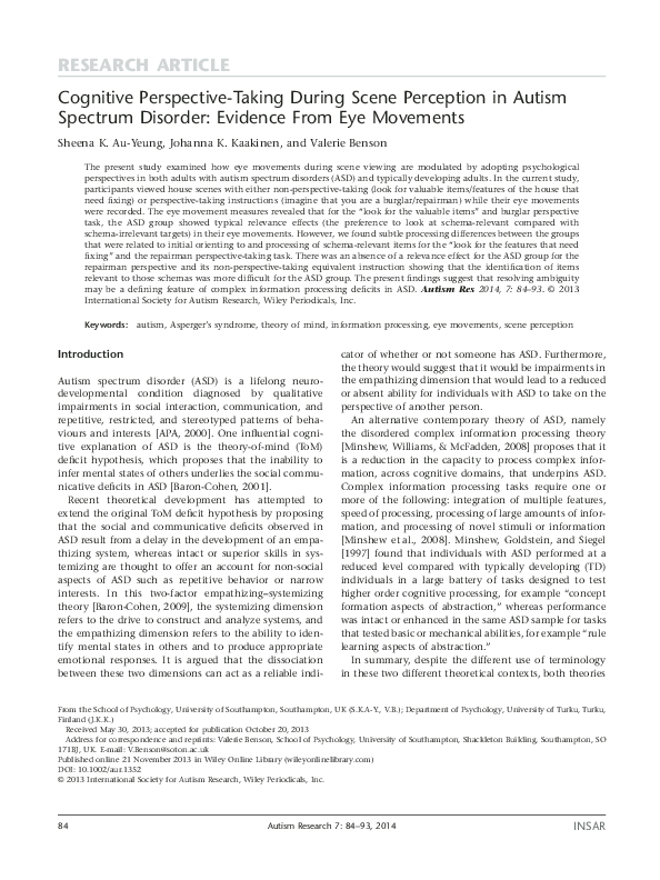 (PDF) Cognitive Perspective-Taking During Scene Perception in Autism ...