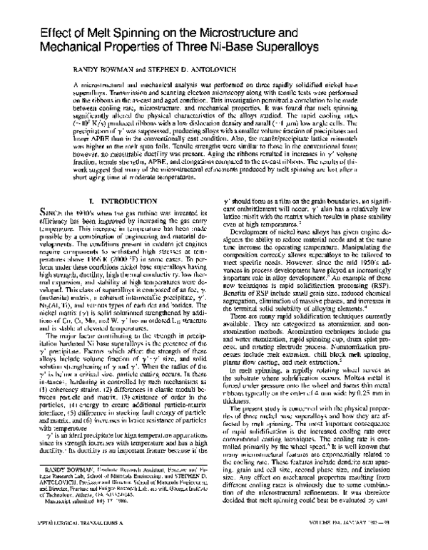 (PDF) Effect of melt spinning on the microstructure and mechanical properties of three Ni-base ...
