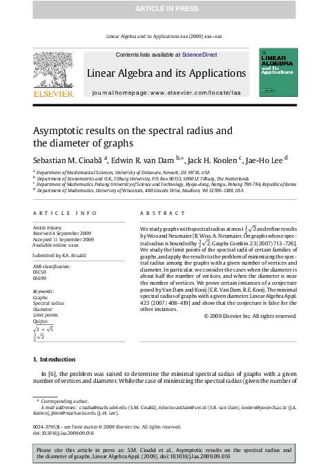(PDF) Asymptotic results on the spectral radius and the diameter of graphs