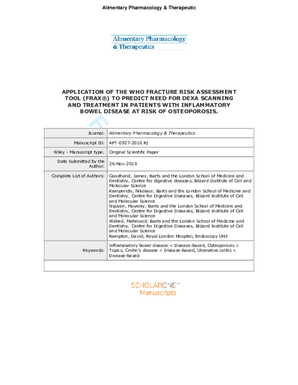(PDF) Application of the WHO fracture risk assessment tool (FRAX) to ...