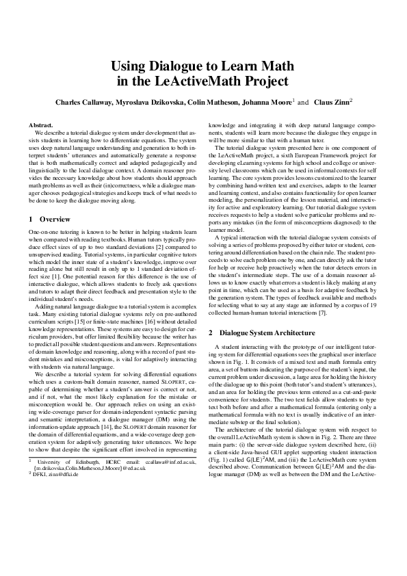 (PDF) Using dialogue to learn math in the LeActiveMath project