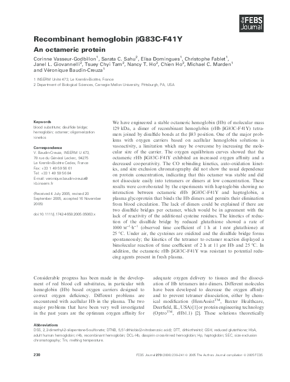 (PDF) Recombinant hemoglobin betaG83C-F41Y. An octameric protein