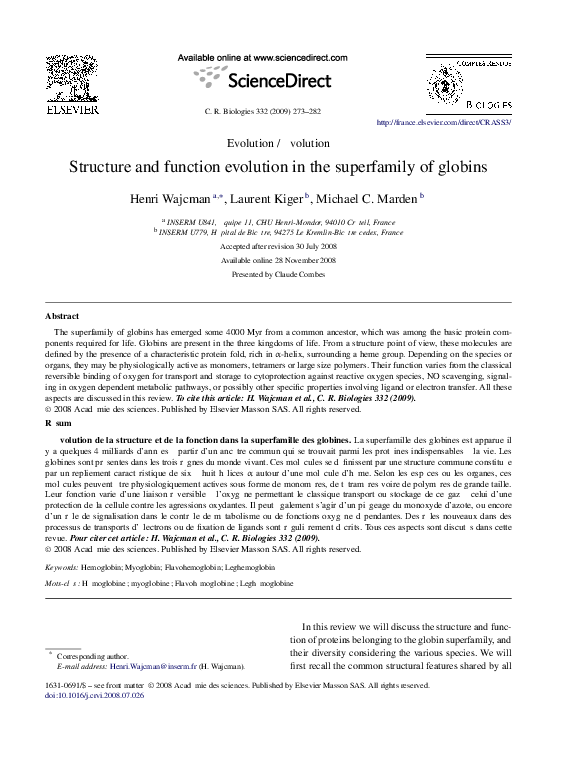 (PDF) Structure and function evolution in the superfamily of globins
