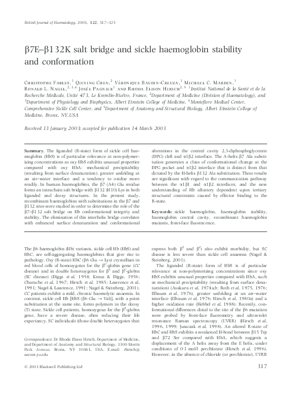(PDF) beta7E-beta132K salt bridge and sickle haemoglobin stability and ...