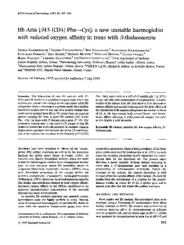 (PDF) Hb Arta [β45 (CD4) Phe→Cys]: a new unstable haemoglobin with ...