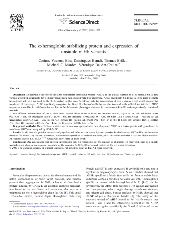 (PDF) The α-hemoglobin stabilizing protein and expression of unstable α ...