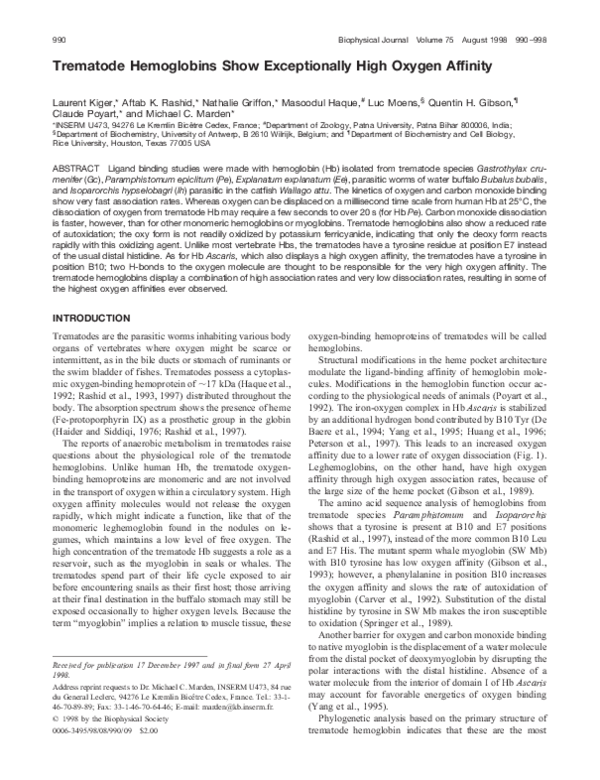 (PDF) Trematode Hemoglobins Show Exceptionally High Oxygen Affinity