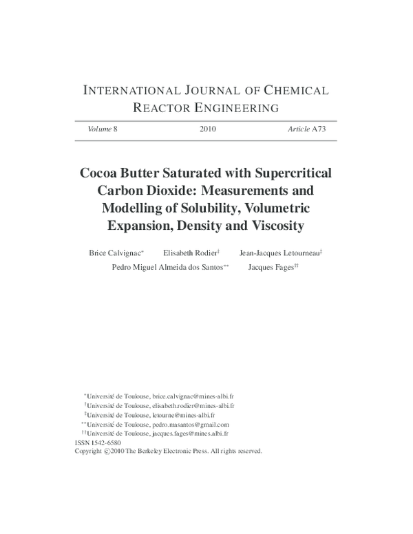 (PDF) Cocoa Butter Saturated with Supercritical Carbon Dioxide: Measurements and Modelling of ...
