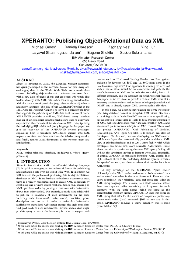(PDF) XPERANTO: Publishing object-relational data as XML