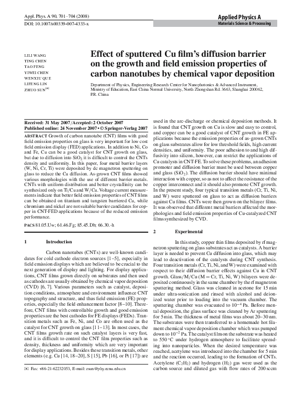 (PDF) Effect of sputtered Cu film’s diffusion barrier on the growth and ...
