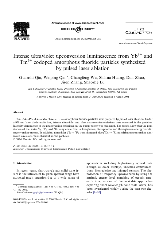 (PDF) Intense ultraviolet upconversion luminescence from Yb3+ and Tm3+ codoped amorphous ...