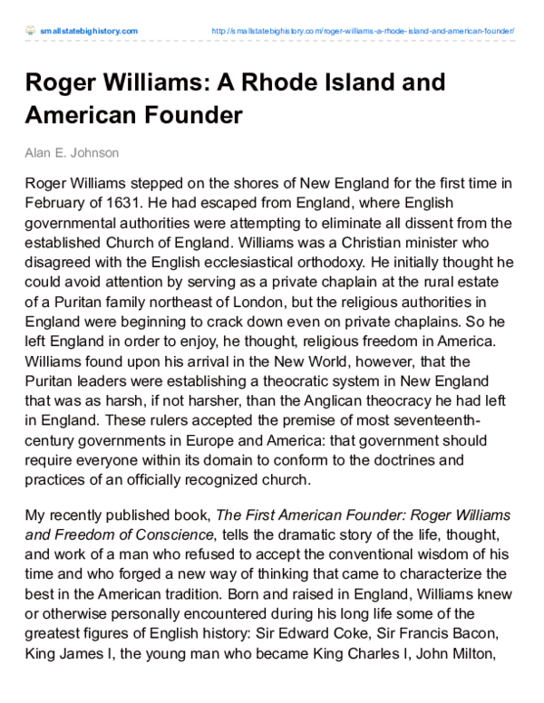 Roger Williams: A Rhode Island and American Founder