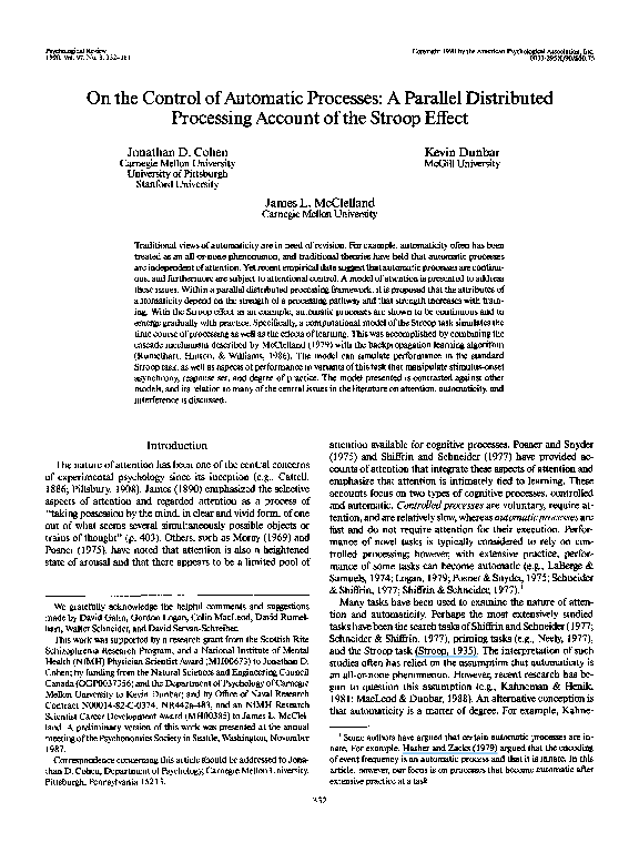 (PDF) Control of automatic processes: A parallel distributed-processing model of the stroop ...