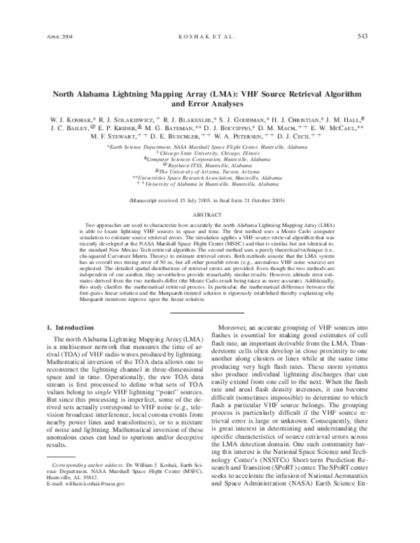 Pdf North Alabama Lightning Mapping Array Lma Vhf Source Retrieval Algorithm And Error Analyses
