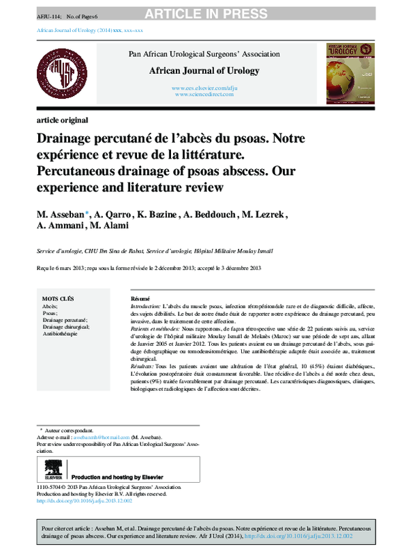(PDF) Drainage percutané de l’abcès du psoas: Notre expérience et revue ...