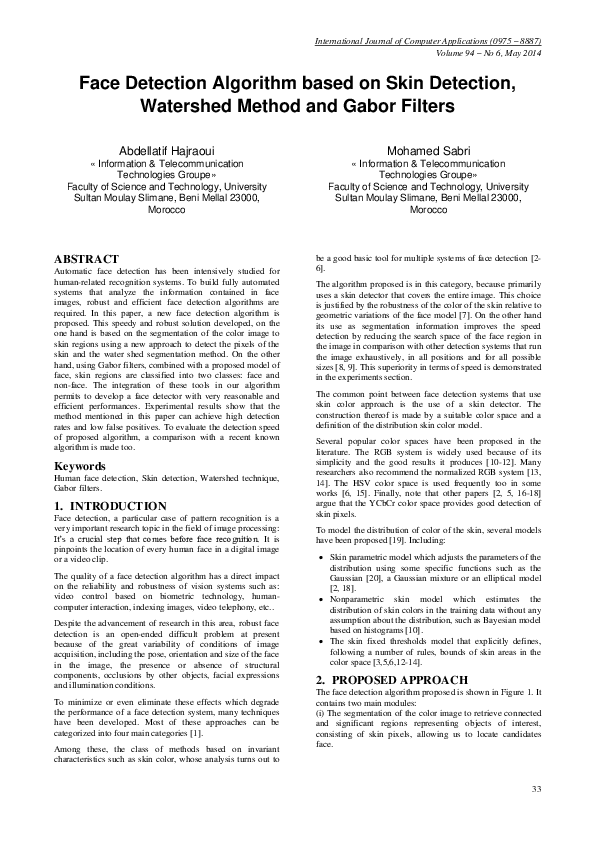 (PDF) Face Detection Algorithm based on Skin Detection, Watershed Method and Gabor Filters