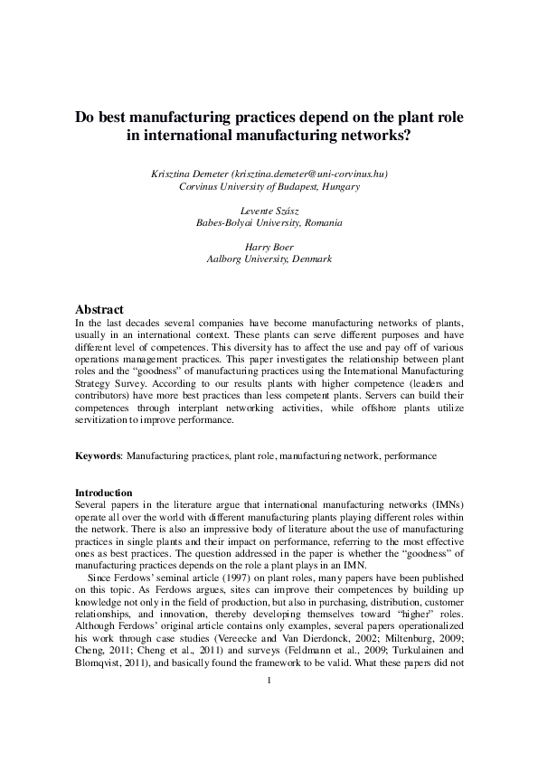 (PDF) Do best manufacturing practices depend on the plant role in ...