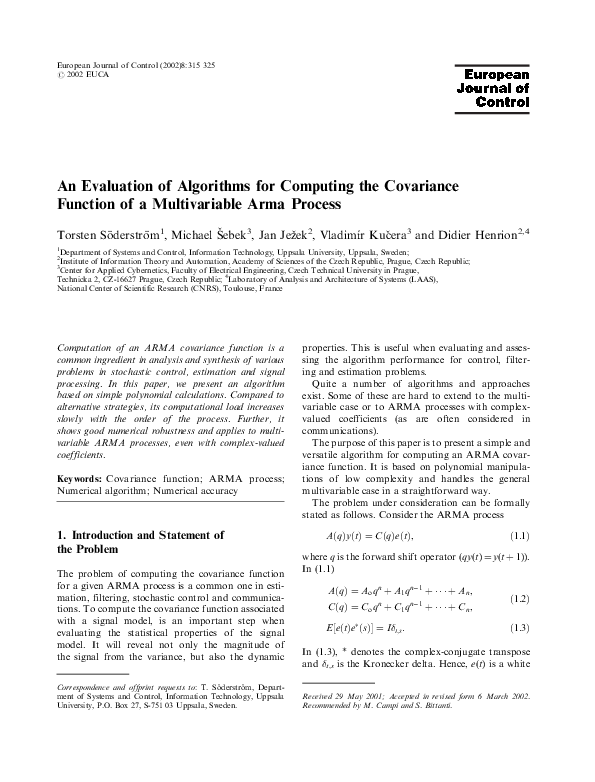 (PDF) An evaluation of algorithms for computing the covariance function of a multivariable arma ...