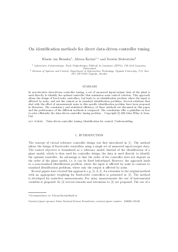 Pdf On Identification Methods For Direct Data Driven Controller Tuning